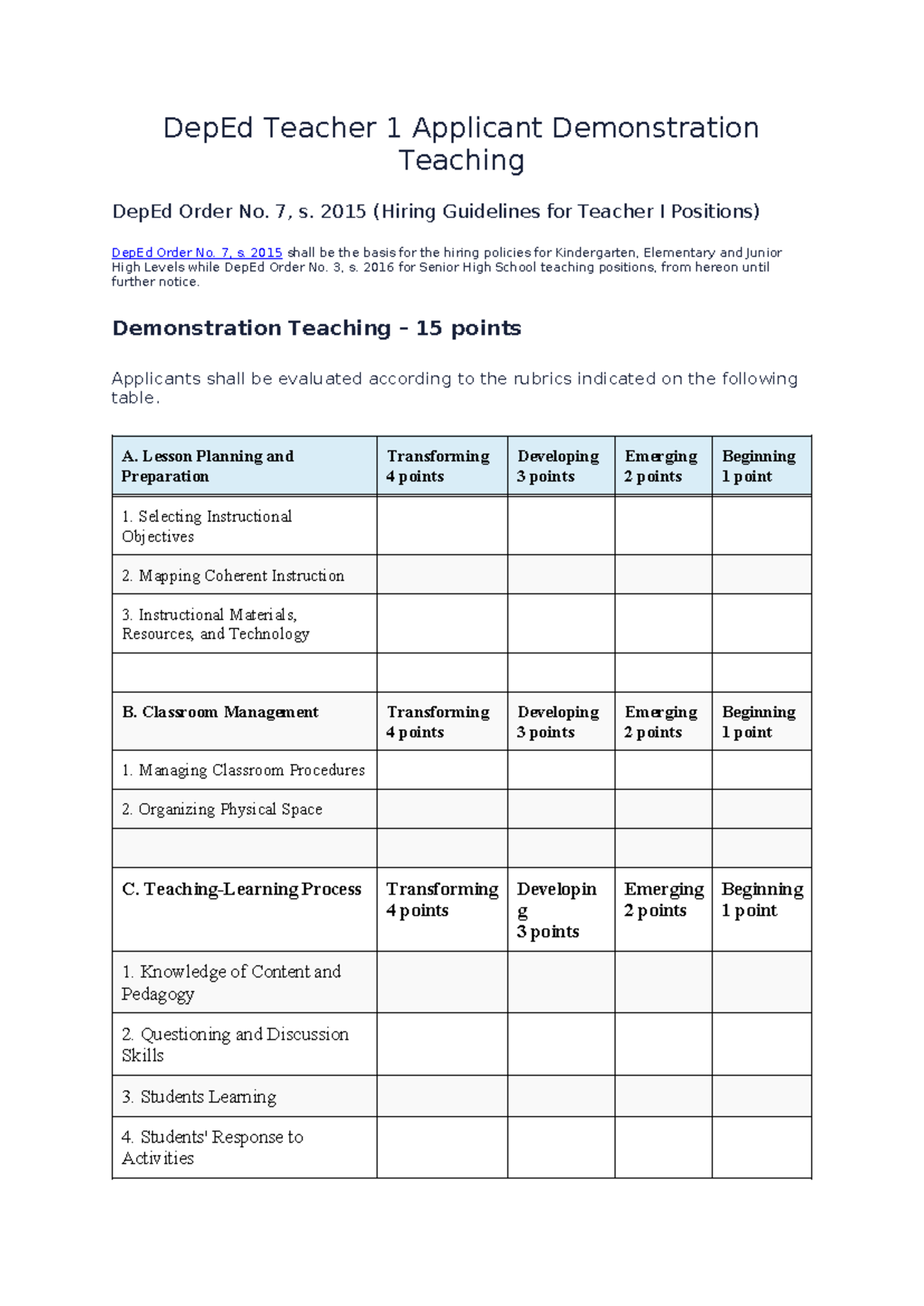 DepEd Teacher 1 Applicant Demonstration Teaching Guidelines - Studocu