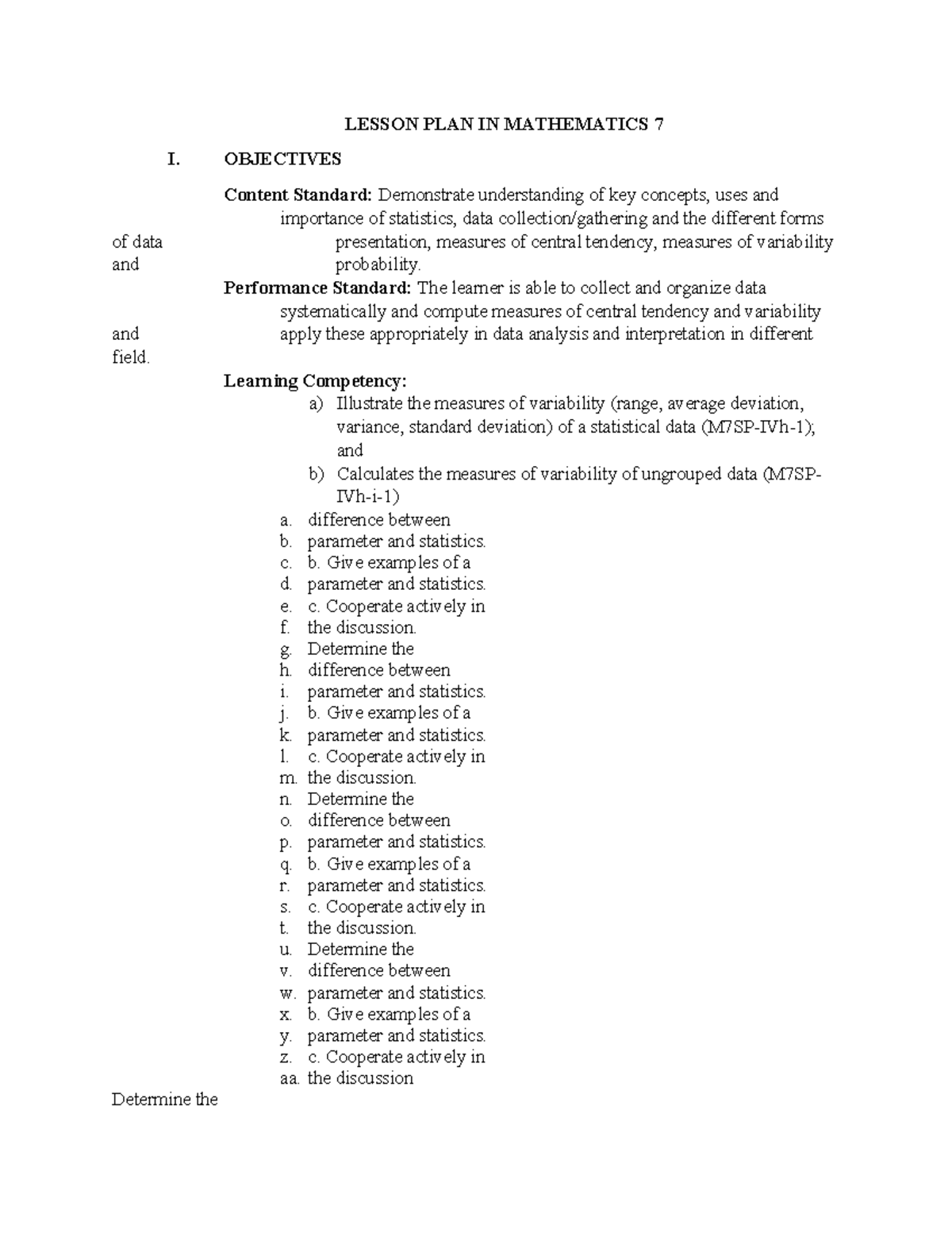 Measures of Variability of Ungrouped Data - Math 7 Lesson Plan - Studocu