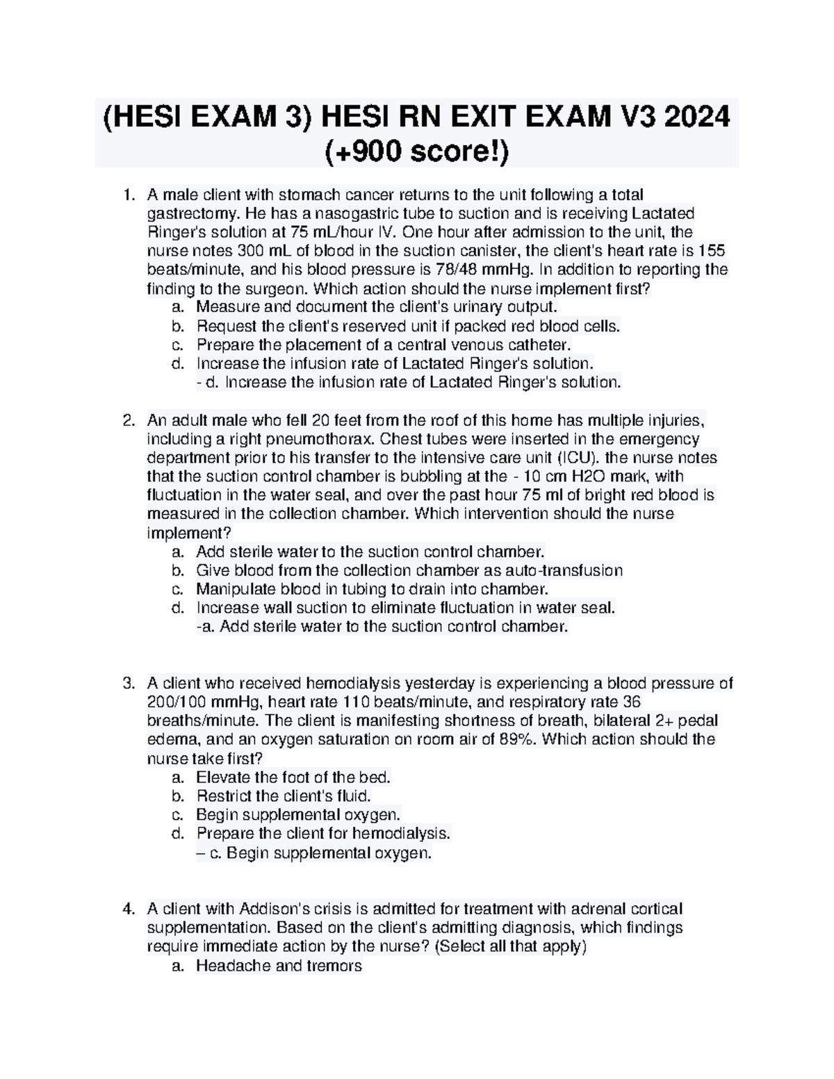 (HESI EXAM 3) HESI RN EXIT EXAM V3 2024 (+900 score) - A male client ...