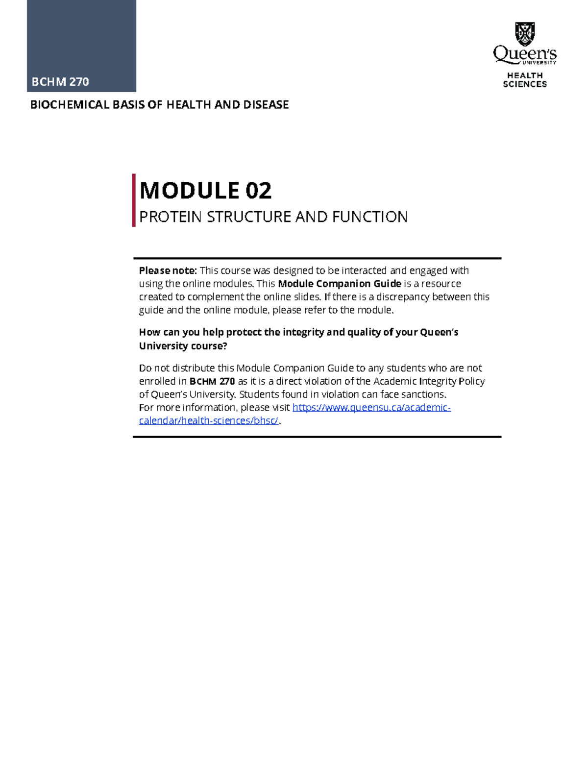 BCHM 270 M02 Module 02 Companion Guide: Protein Structure & Function - Studocu