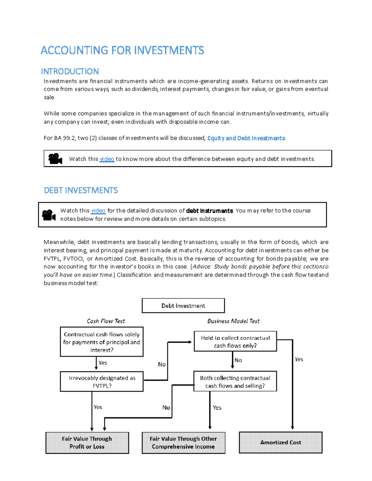 Debt Instruments - ACCOUNTING FOR INVESTMENTS INTRODUCTION Investments ...