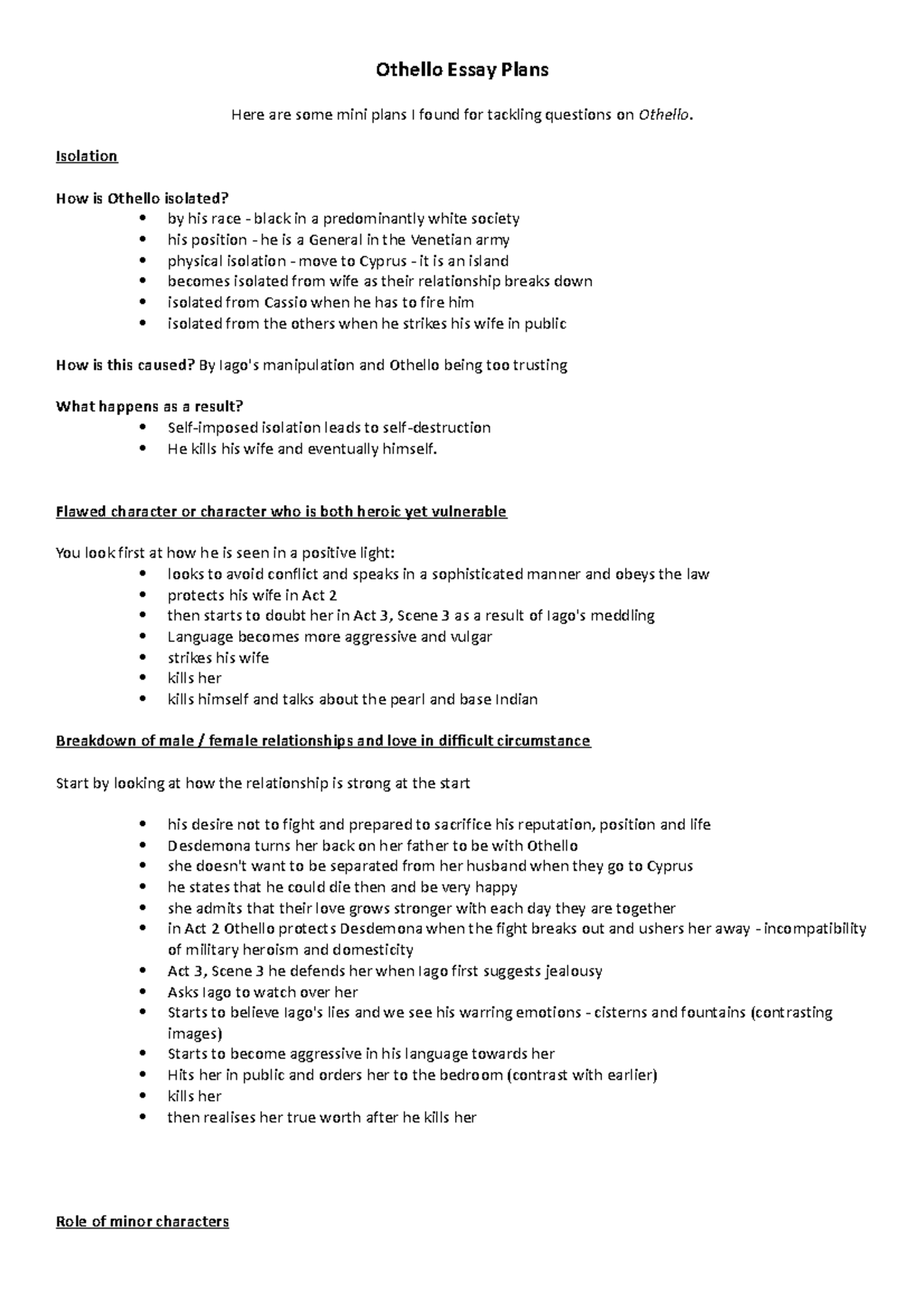 Othello Essay Plans: Key Themes and Character Analysis Guide - Studocu