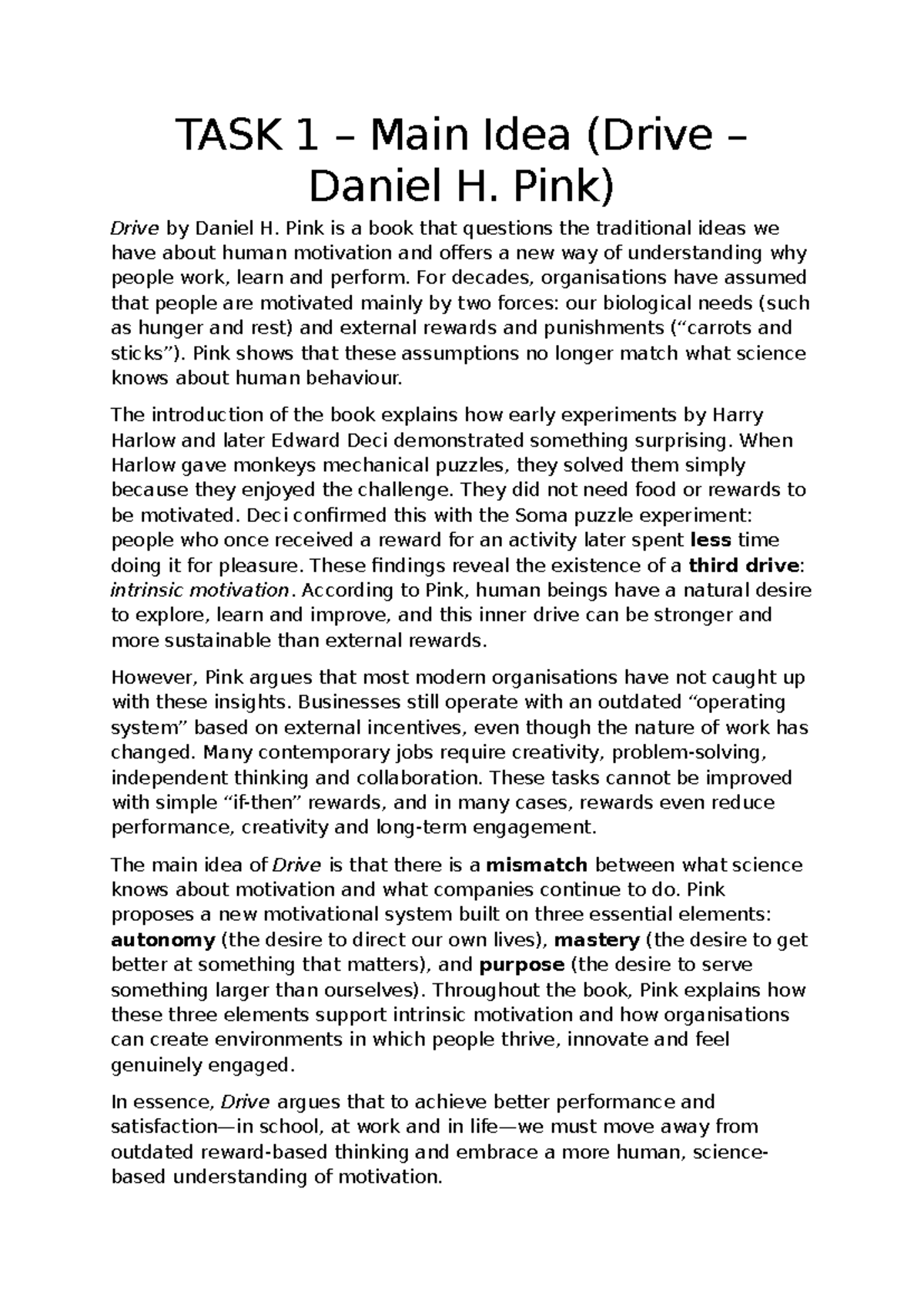 TASK 1: Main Idea Summary of "Drive" by Daniel H. Pink - Studocu