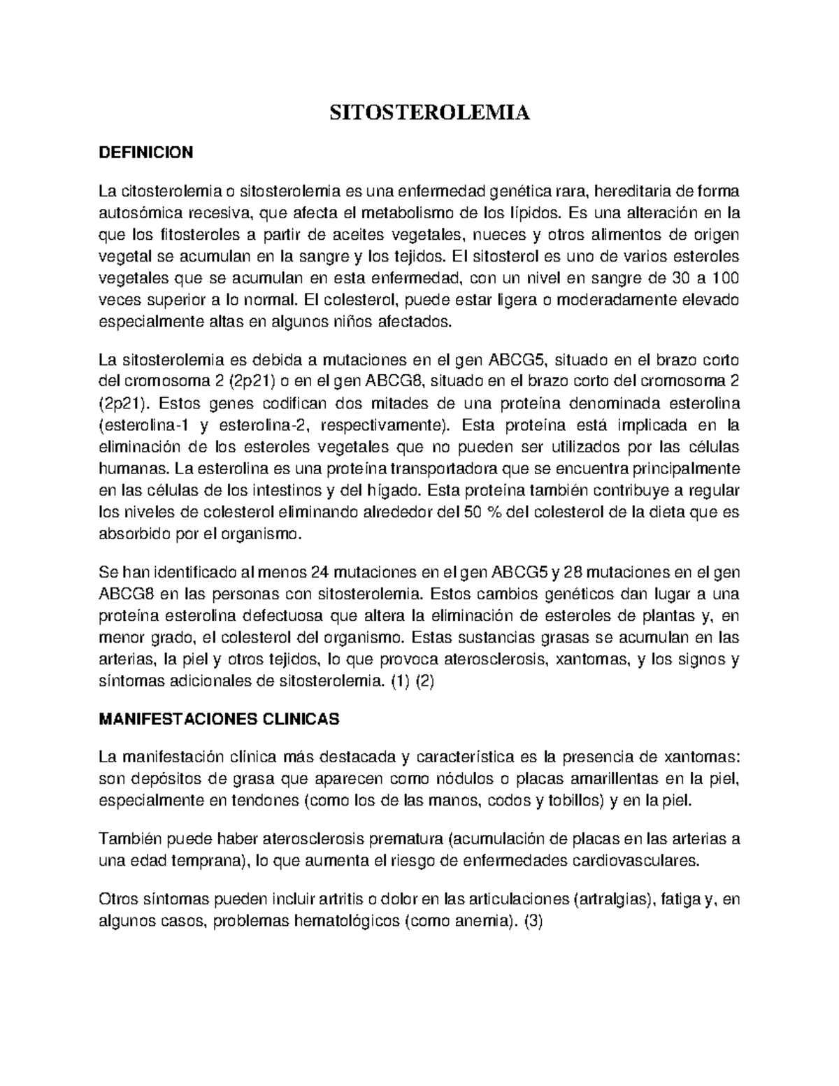 SITOSTEROLEMIA: Definición y Manifestaciones Clínicas - Studocu