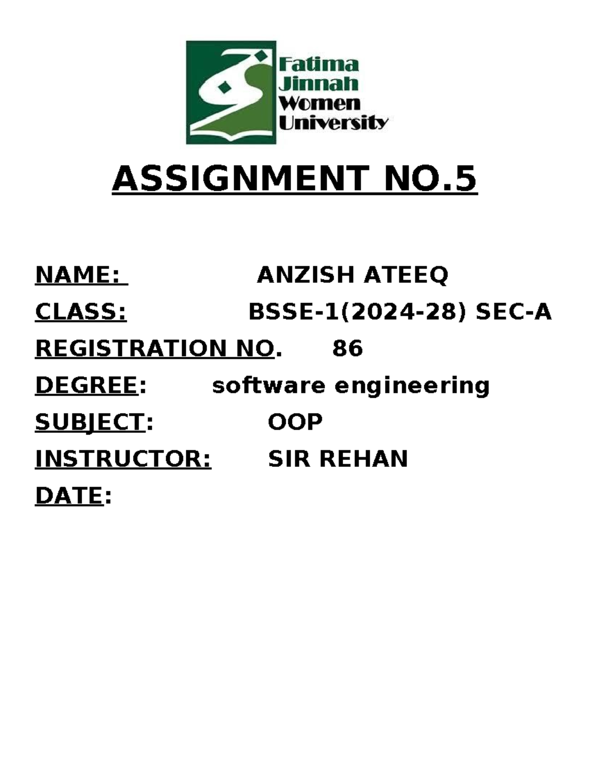OOP Lab Task 02: Class Implementation in Software Engineering (SE-86 ...