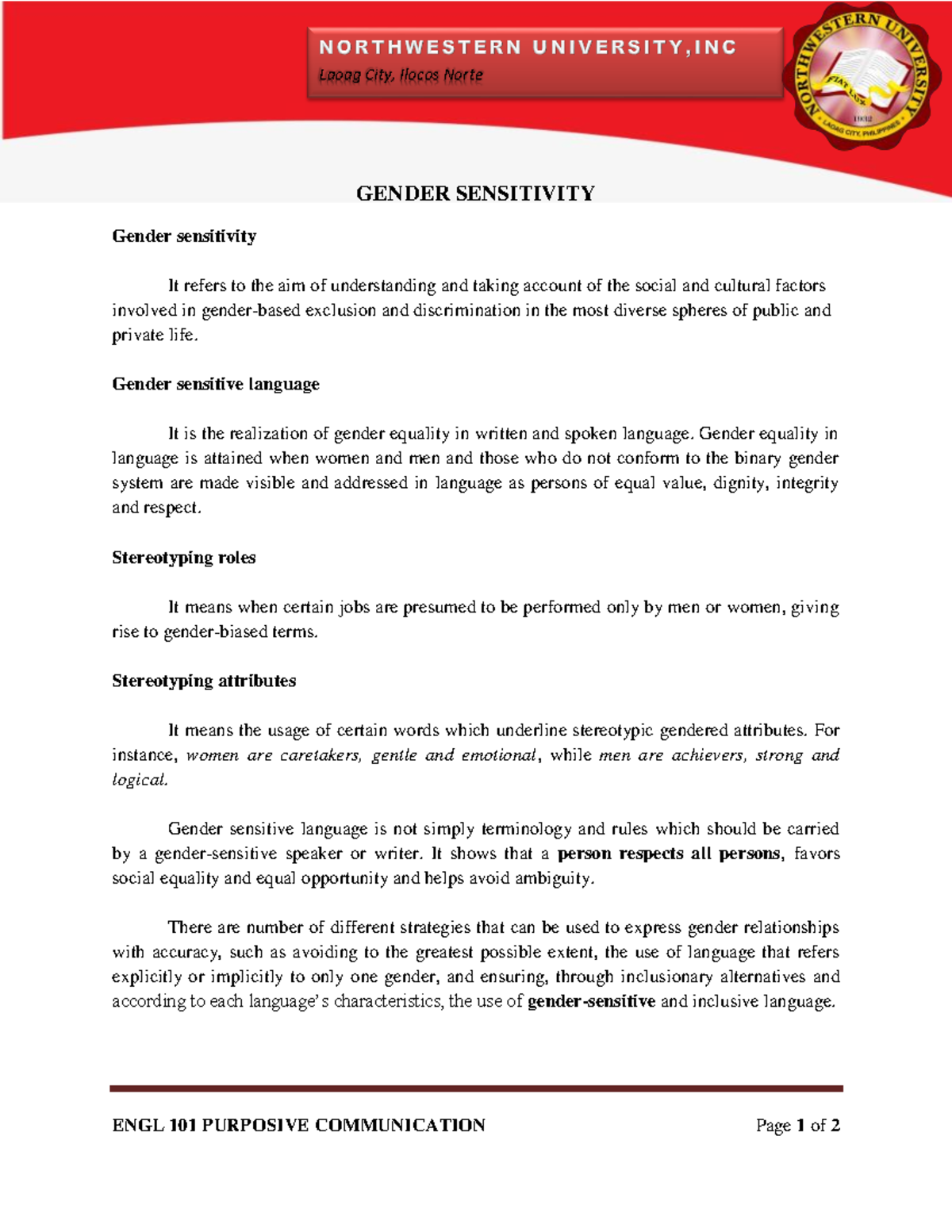 ENGL 101 Gender Sensitivity in Communication: Key Concepts & Strategies ...