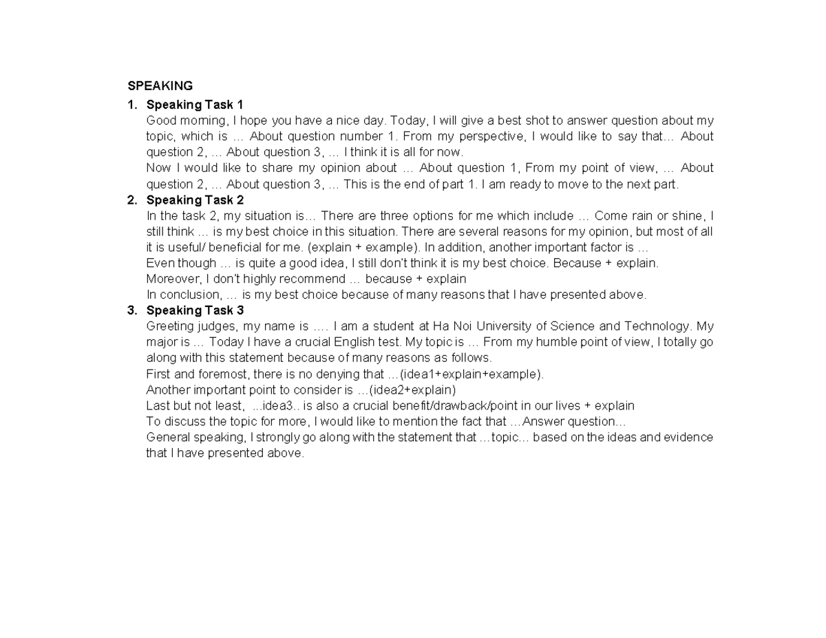 SPEAKING 1: English Speaking Tasks Overview and Strategies - Studocu