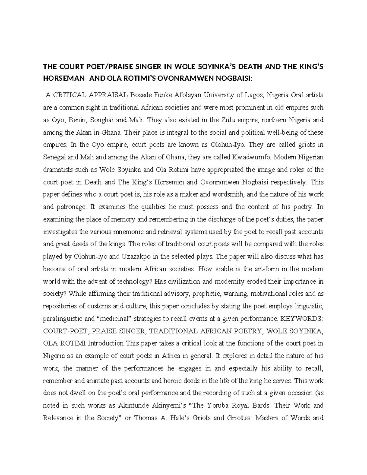 The Court Poet in Wole Soyinka's Death and The Horseman: A Critical ...