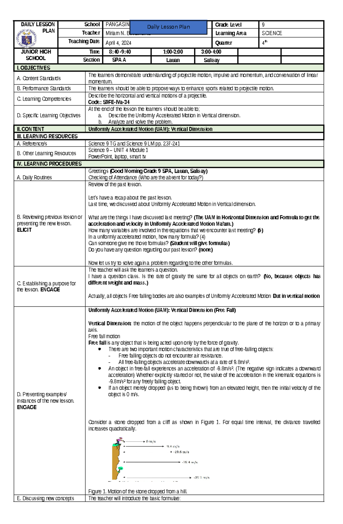 S9FE-IVa- Daily Lesson Plan on Uniformly Accelerated Motion in Vertical ...