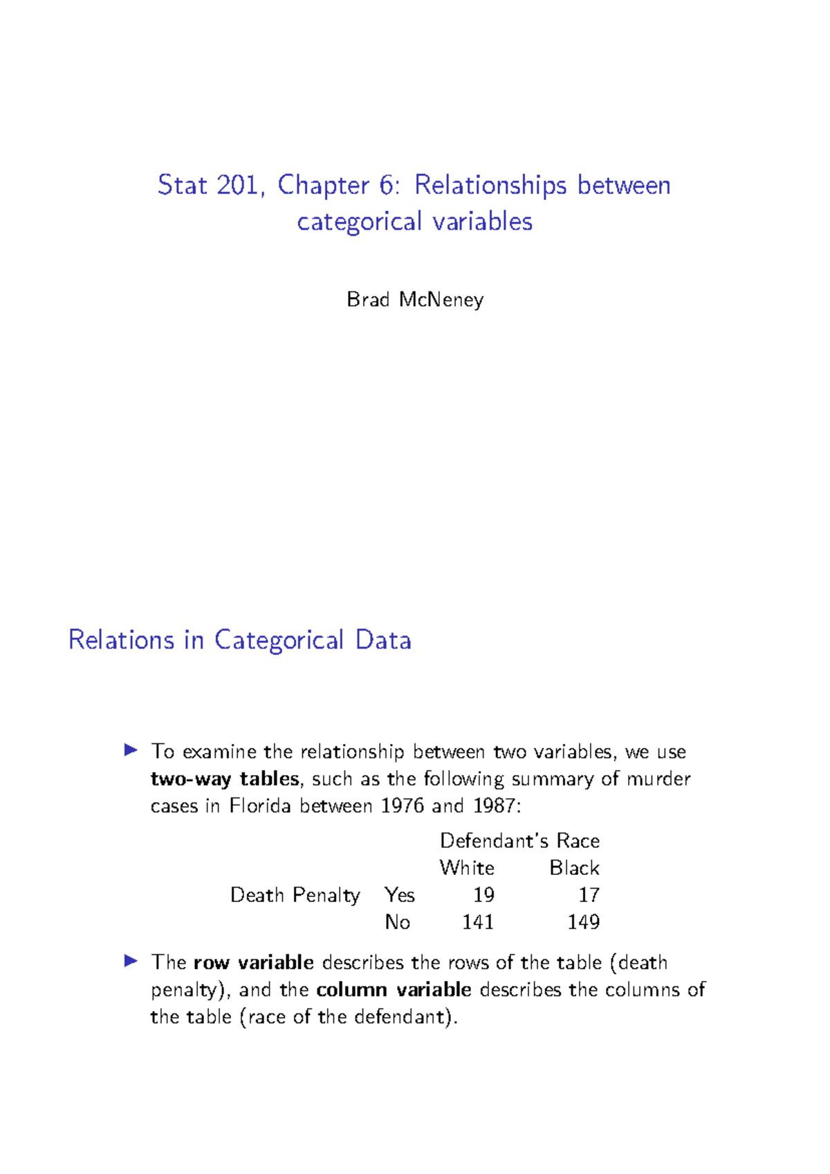 Stat 201, Chapter 6: Analyzing Categorical Variable Relationships - Studocu