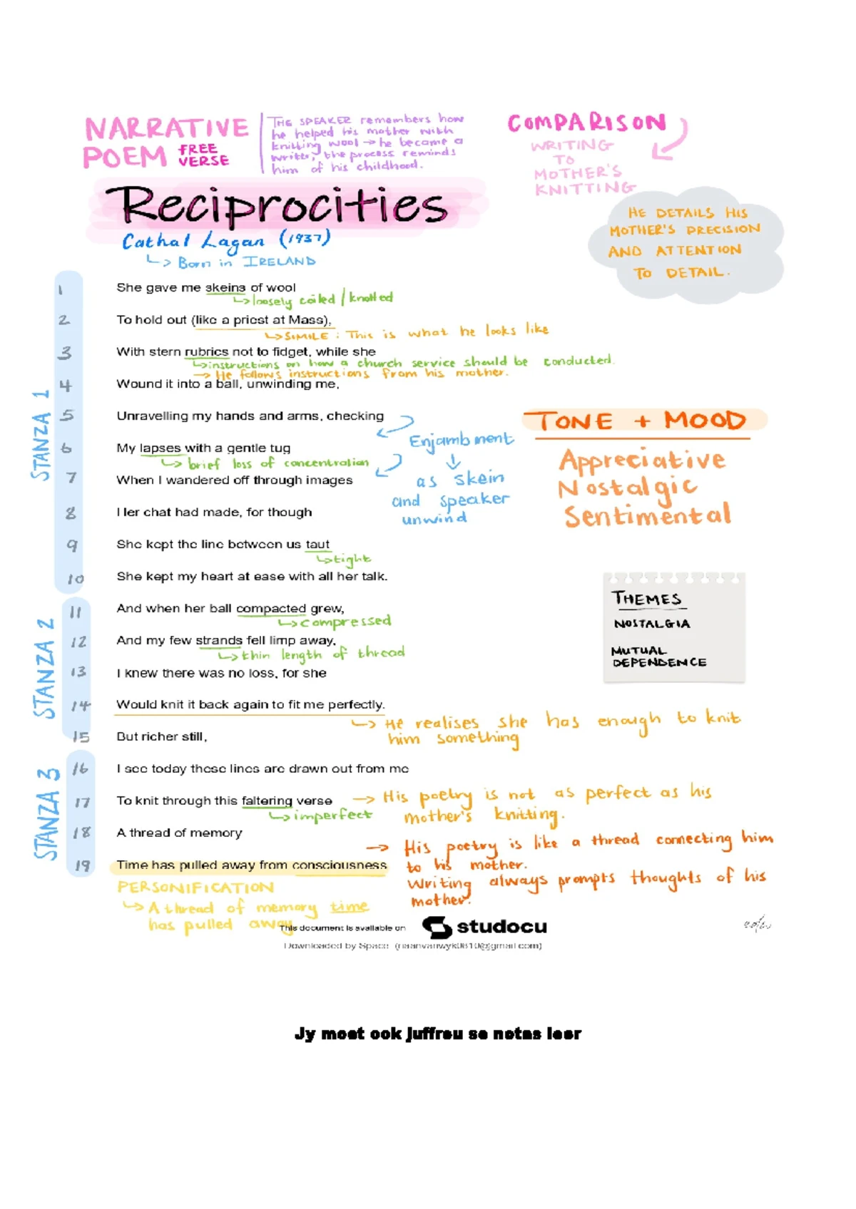 Analysis of "Reciprocities" Poem - Course Code ENG101 - Studocu