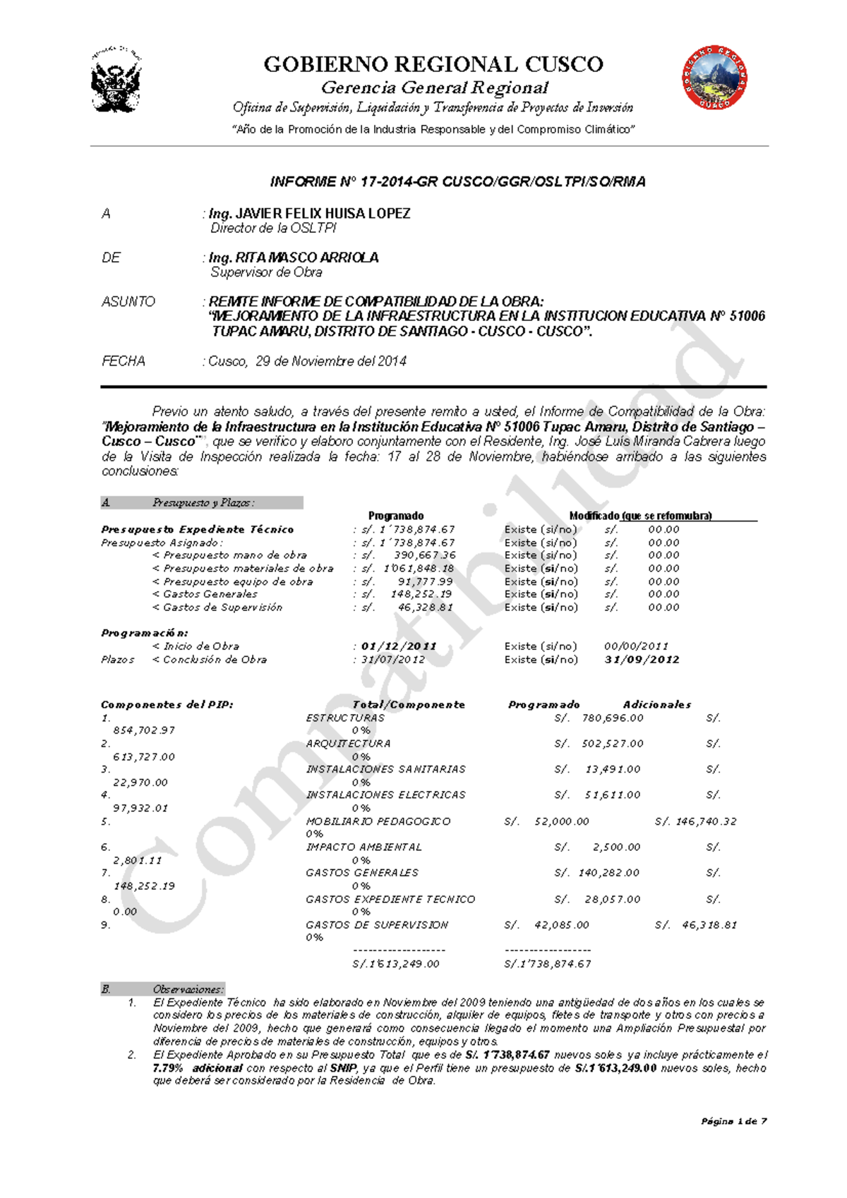 Informe de compatibilidad de expediente tecnico DE OBRA - Gerencia General Regional Oficina de ...