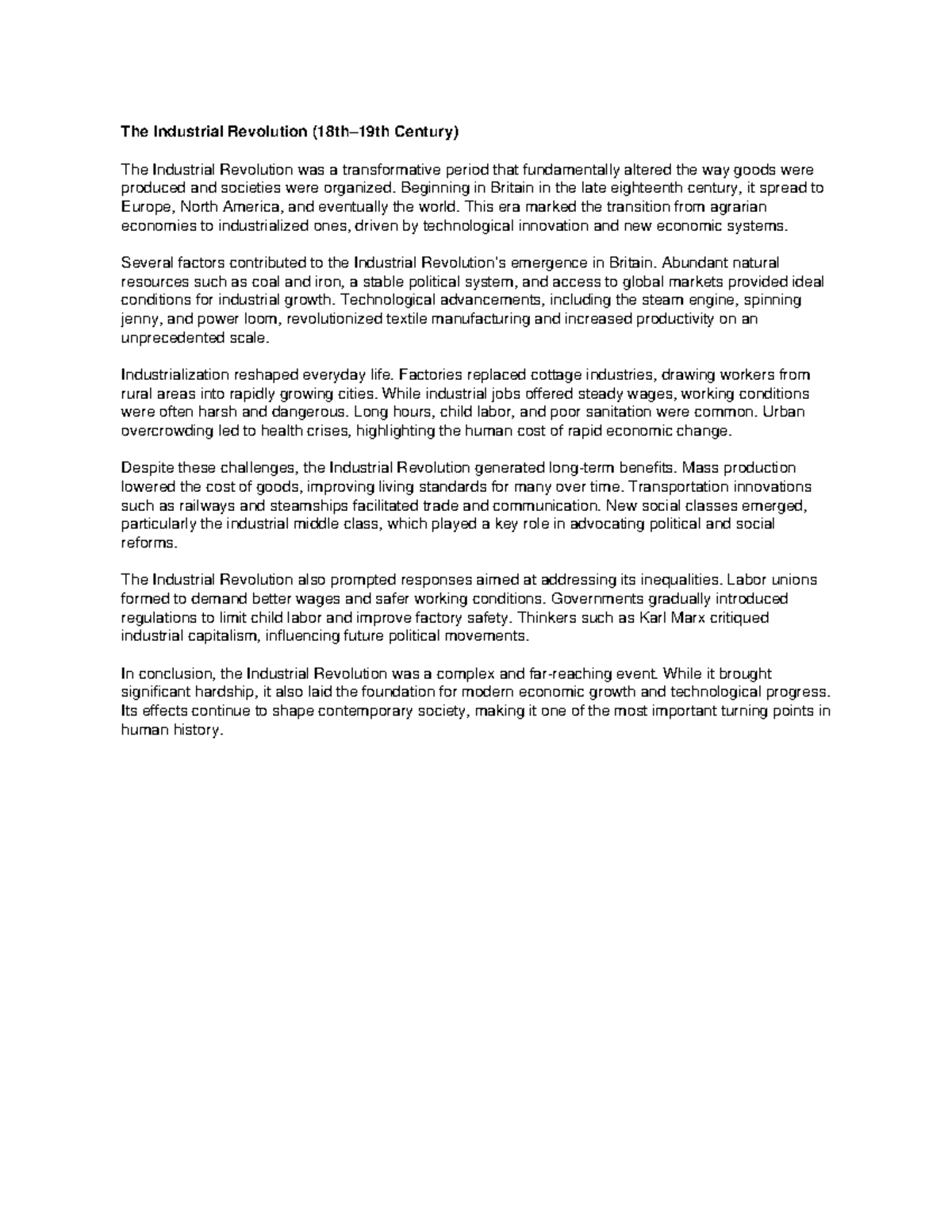 Essay 2: The Transformative Impact of the Industrial Revolution ...