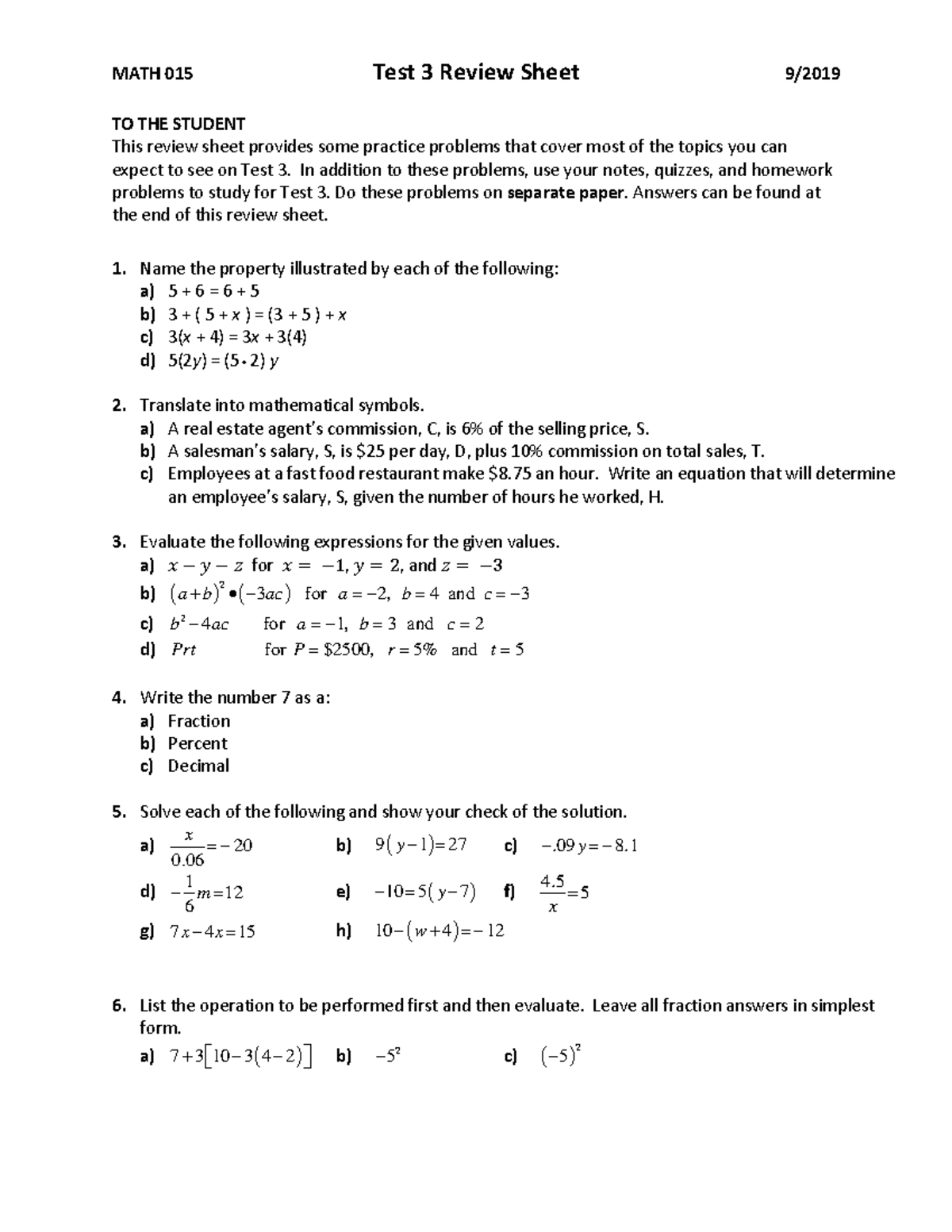MATH 015 Test 3 Review Sheet - Studocu