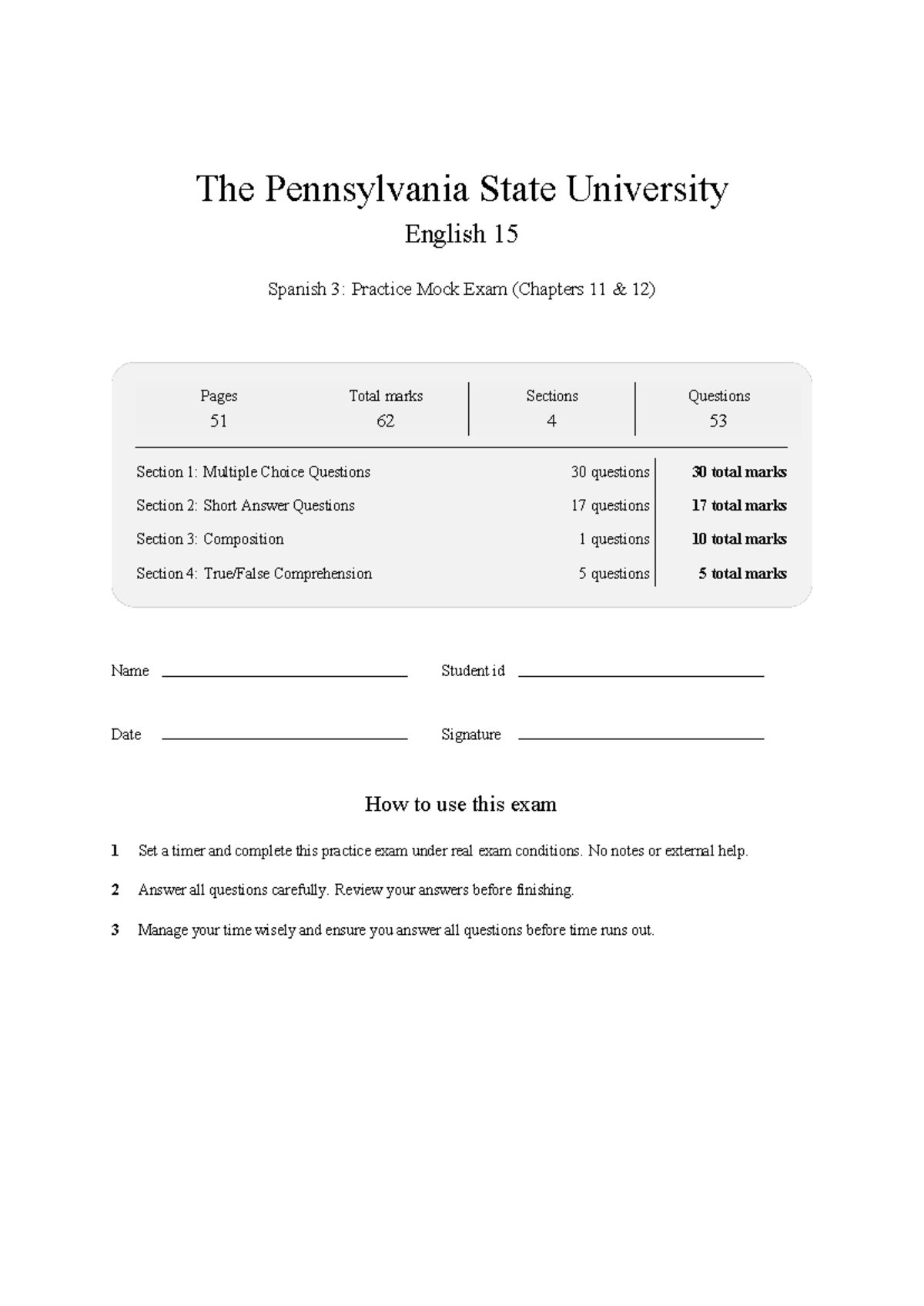 English 15 Spanish 3: Practice Mock Exam (Chapters 11-12) - Studocu