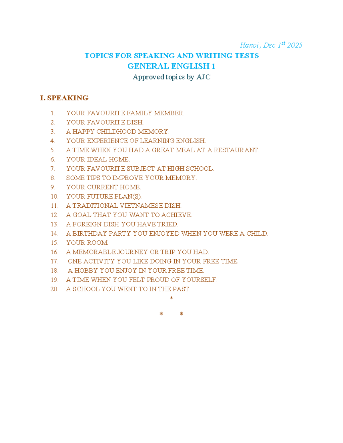 GE1 Speaking & Writing Test Topics - Approved List - Studocu