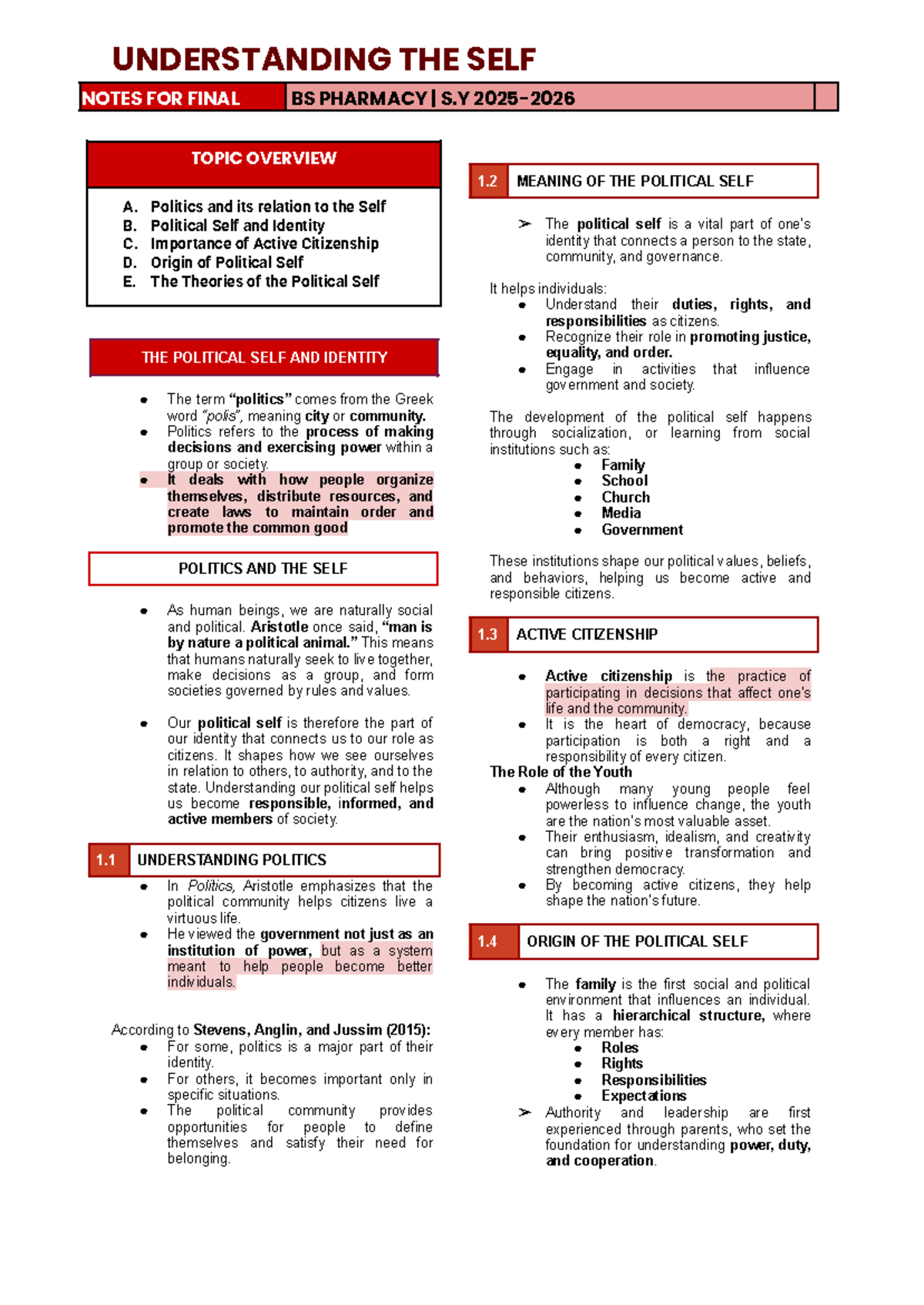 BS PHARMACY S.Y FINAL EXAM NOTES: UNDERSTANDING THE POLITICAL SELF ...