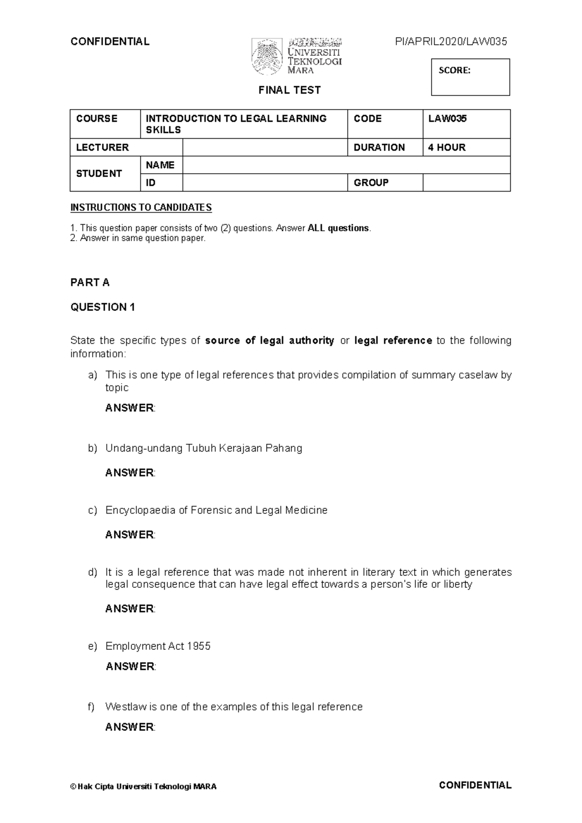 FINAL TEST PAPER FOR LAW035 TUTORIAL - Introduction to Legal Learning ...
