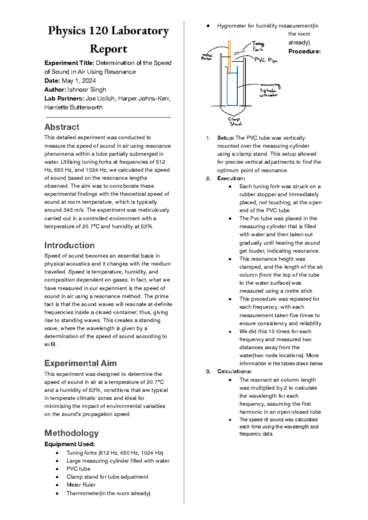 Physics 120 Lab Report 1: Determining Speed of Sound in Air - Studocu