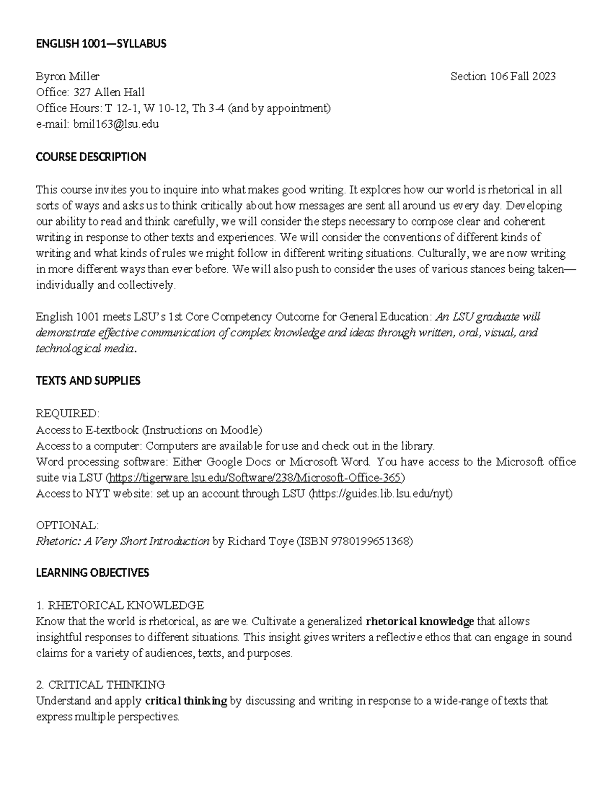 ENGLISH 1001 Syllabus Draft: Writing & Rhetoric Fall 2023 - Studocu