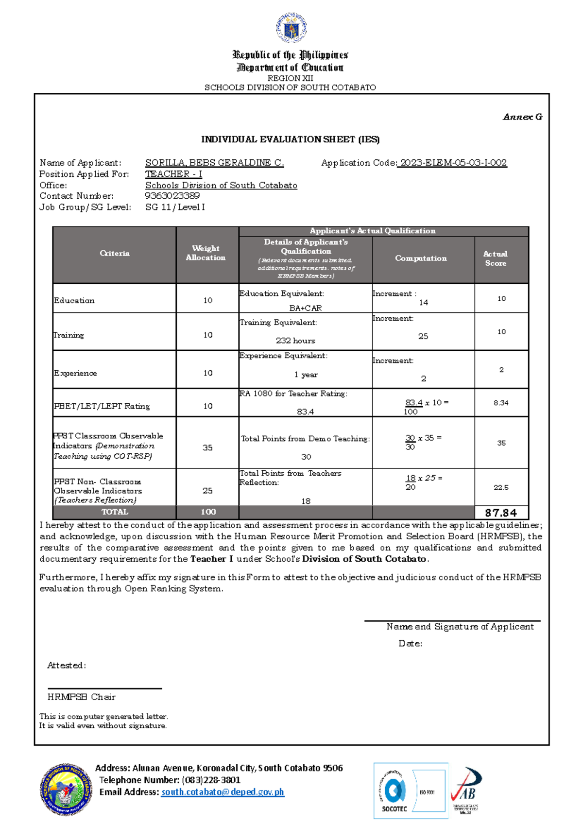 IES Individual Evaluation Sheet (IES 2023-ELEM-05-03) for Teacher I ...