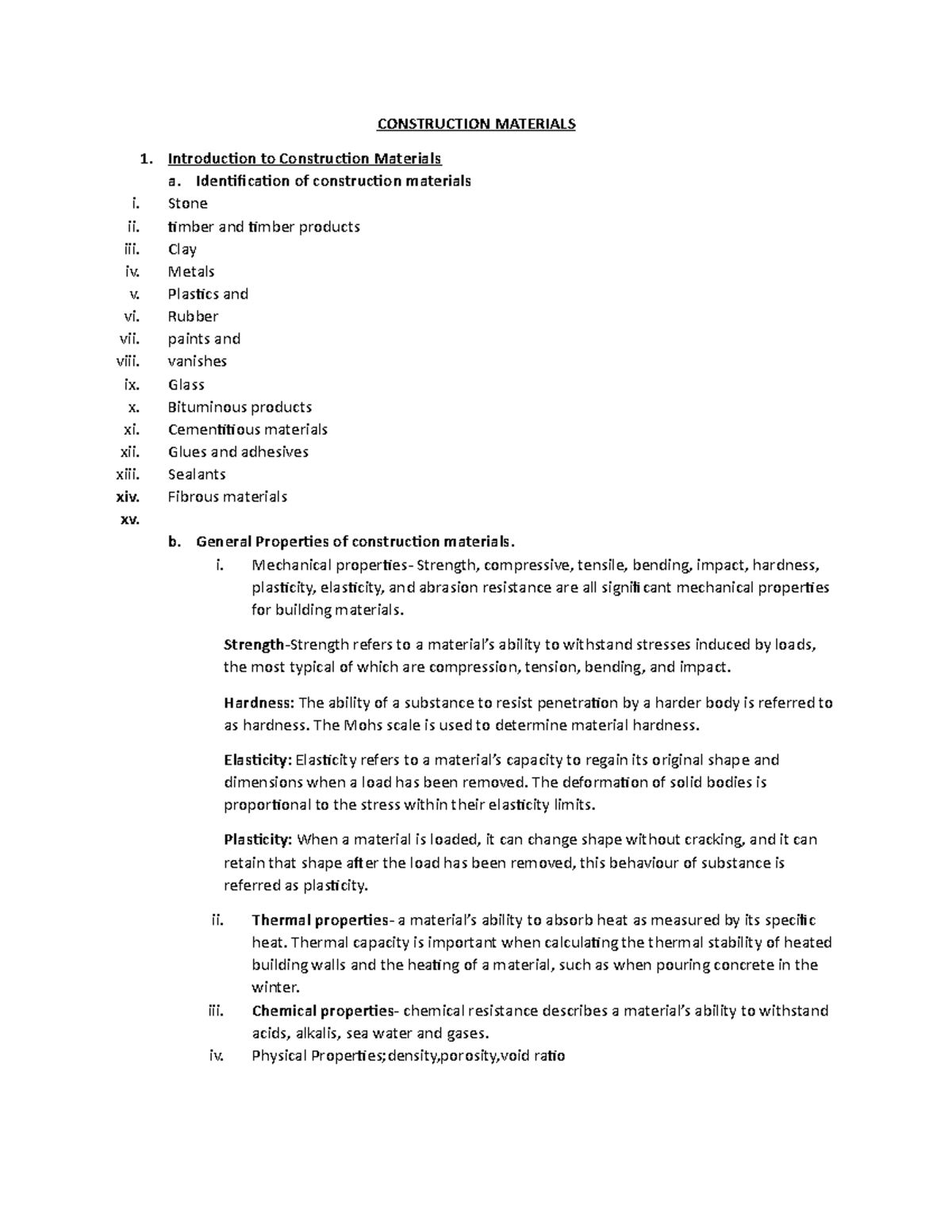 Construction Materials Study Notes: Key Properties and Uses - Studocu