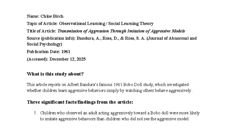 Psych Current Event 12/2: Observational Learning & Aggression - Studocu