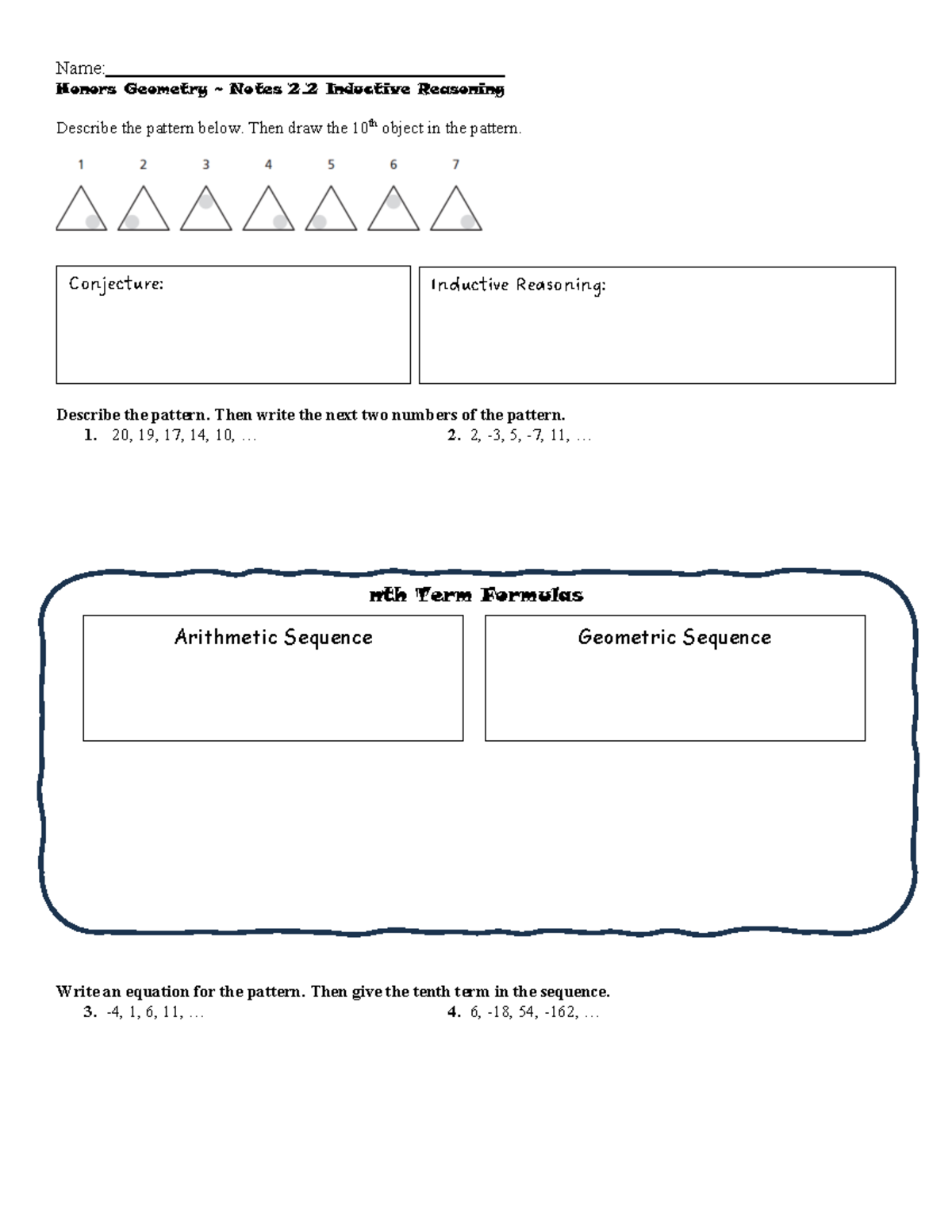 Honors Geometry Notes 2.2: Inductive Reasoning & Patterns Analysis ...