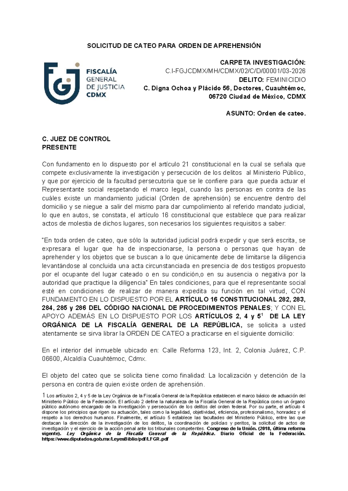 Solicitud de Cateo para Orden de Aprehensión por Feminicidio - Studocu