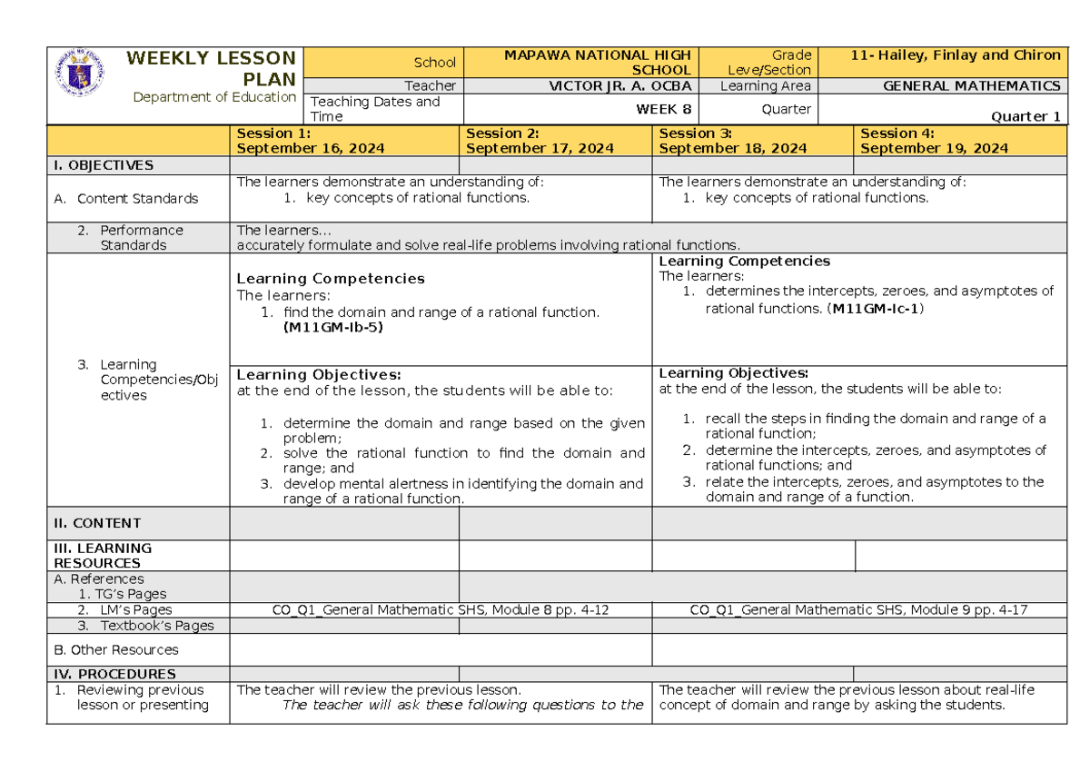 DLP Week 8 Quarter 1 General Math Lesson Plan - Rational Functions ...
