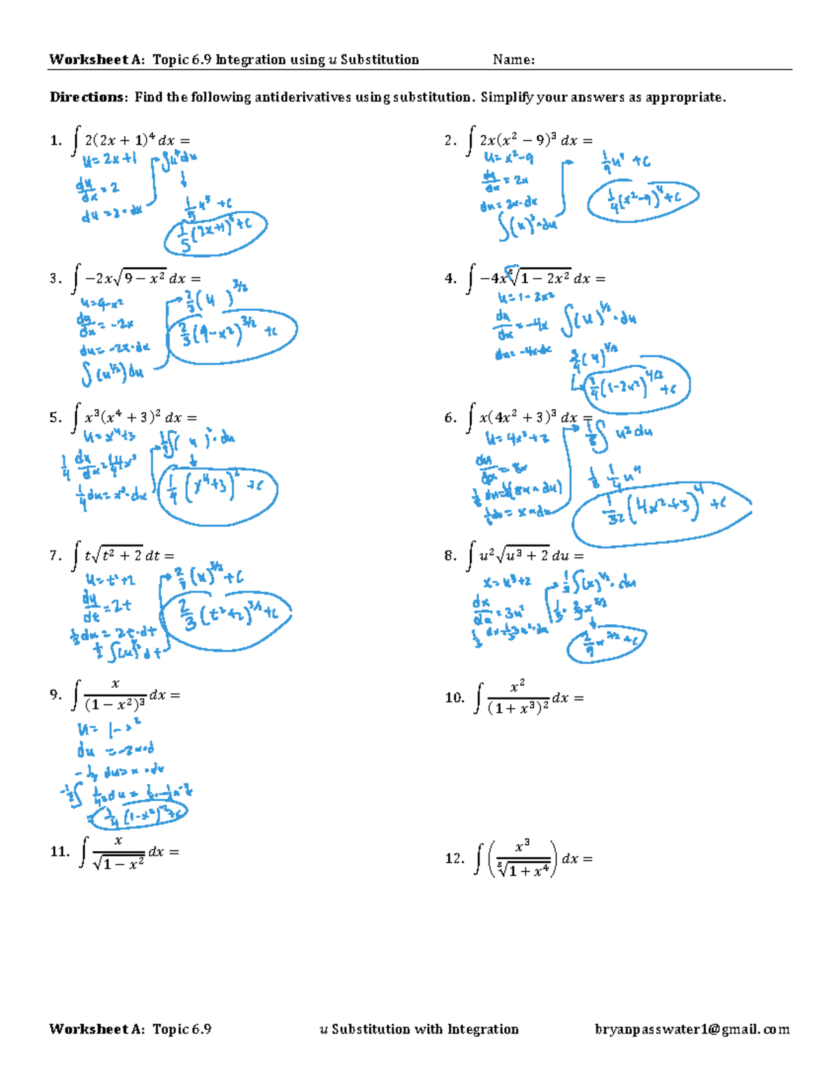 Calculus HW: u-Substitution Integration Worksheet (Topic 6.9) - Studocu
