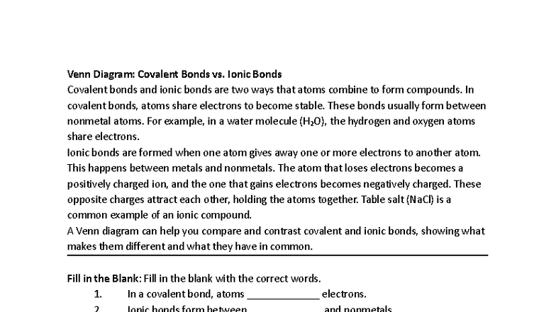 Venn Diagram: Covalent vs. Ionic Bonds CVI - Studocu