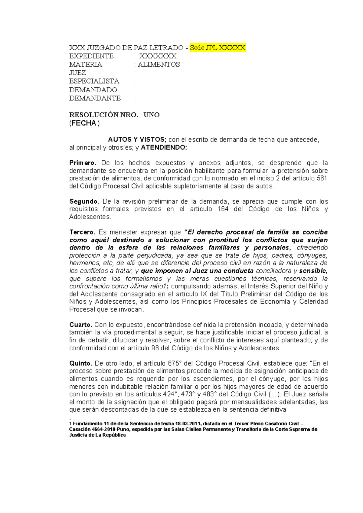 AUTO ADMISORIO DE ALIMENTOS - JUZGADO DE PAZ LETRADO JPL - Studocu