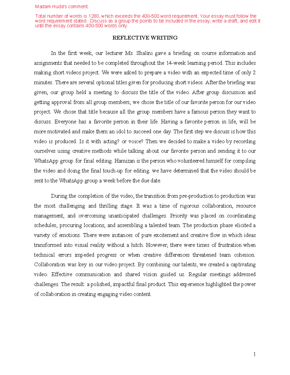 Sample 1 Reflective Writing - REFLECTIVE WRITING In the first week, our ...