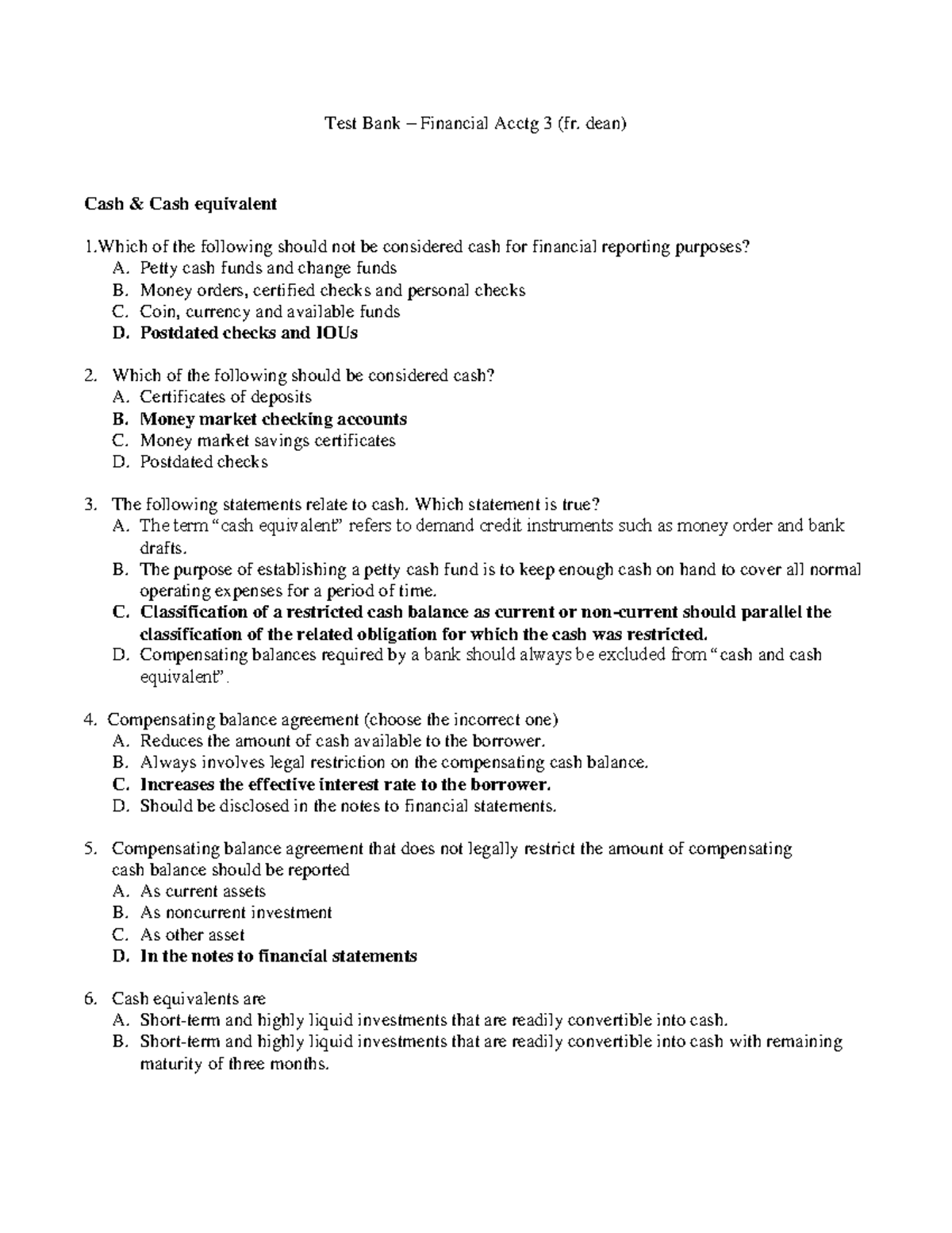 Cash and Cash Equivalents Test Bank for Financial Accounting 3 - Studocu
