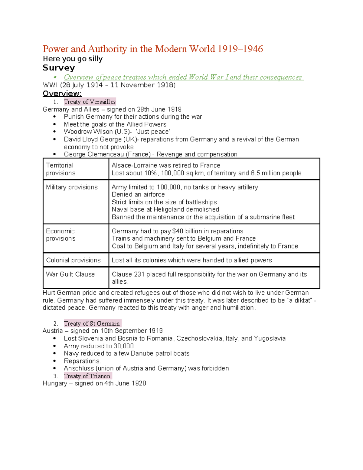 Power and Authority Notes: WWI Treaties and Dictatorships Analysis ...