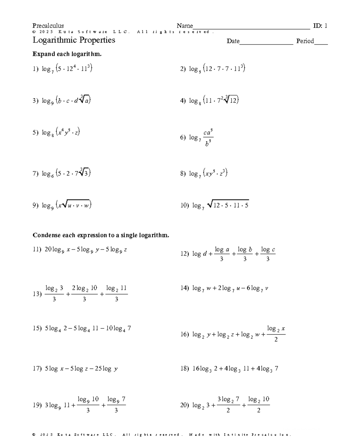 Precalculus Worksheet: Logarithmic Properties Exercises - Studocu