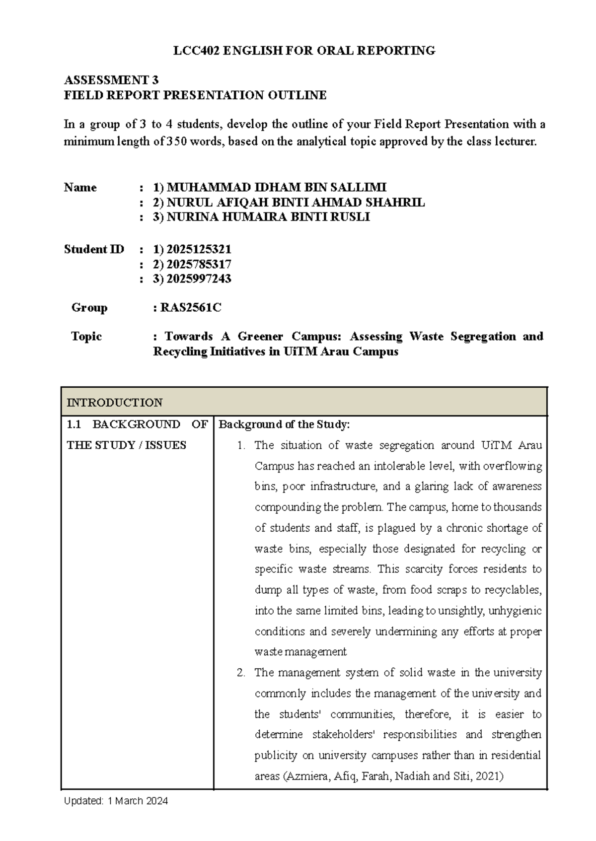 LCC402 - Field Report on Waste Segregation Initiatives at UiTM Arau ...