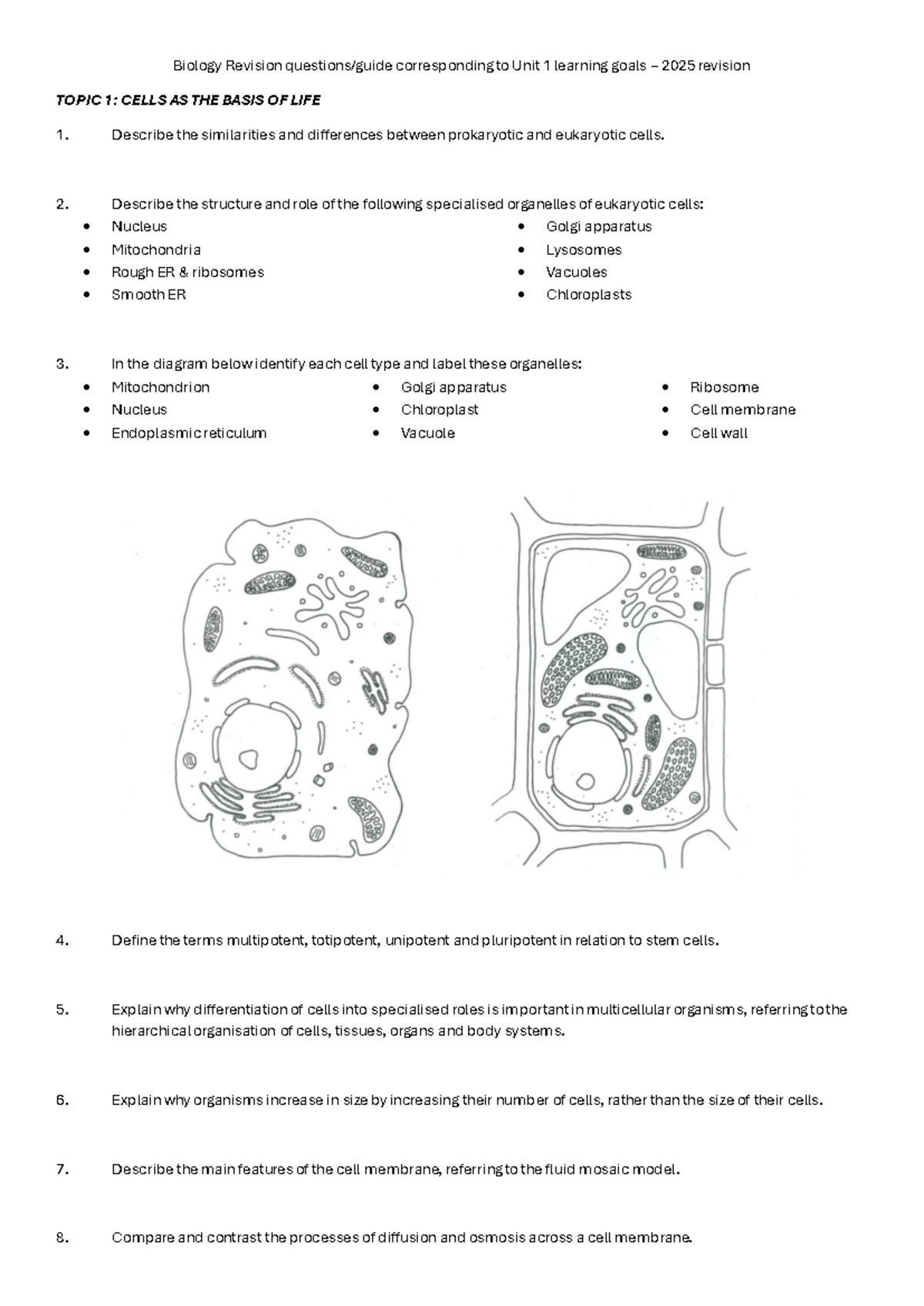 Biology Unit 1 Revision Guide - 2025 - Studocu