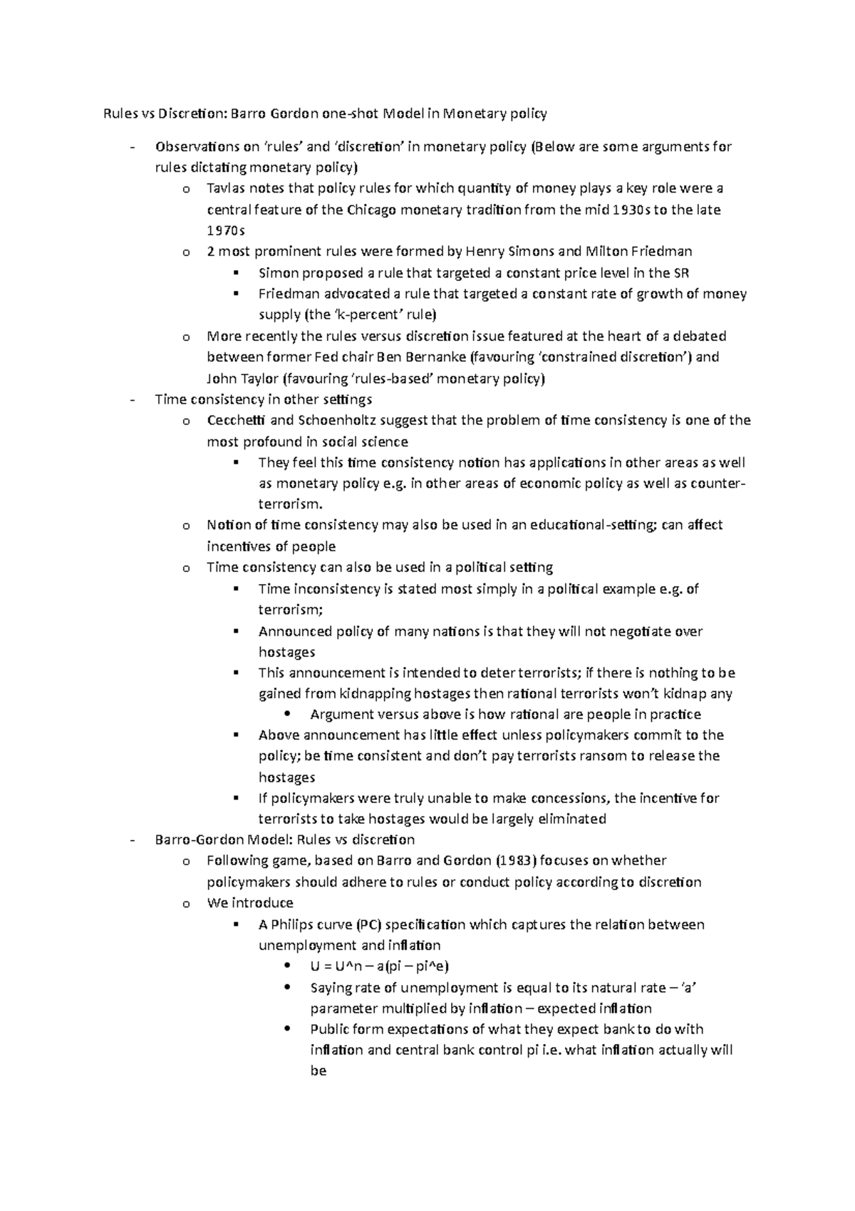 Lecture 1 - Rules vs Discretion: Barro Gordon one-shot Model in ...