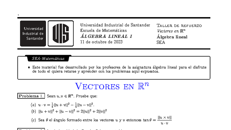 Taller de Refuerzo: Vectores en Rn - LINEAL I 11PF4 - Studocu