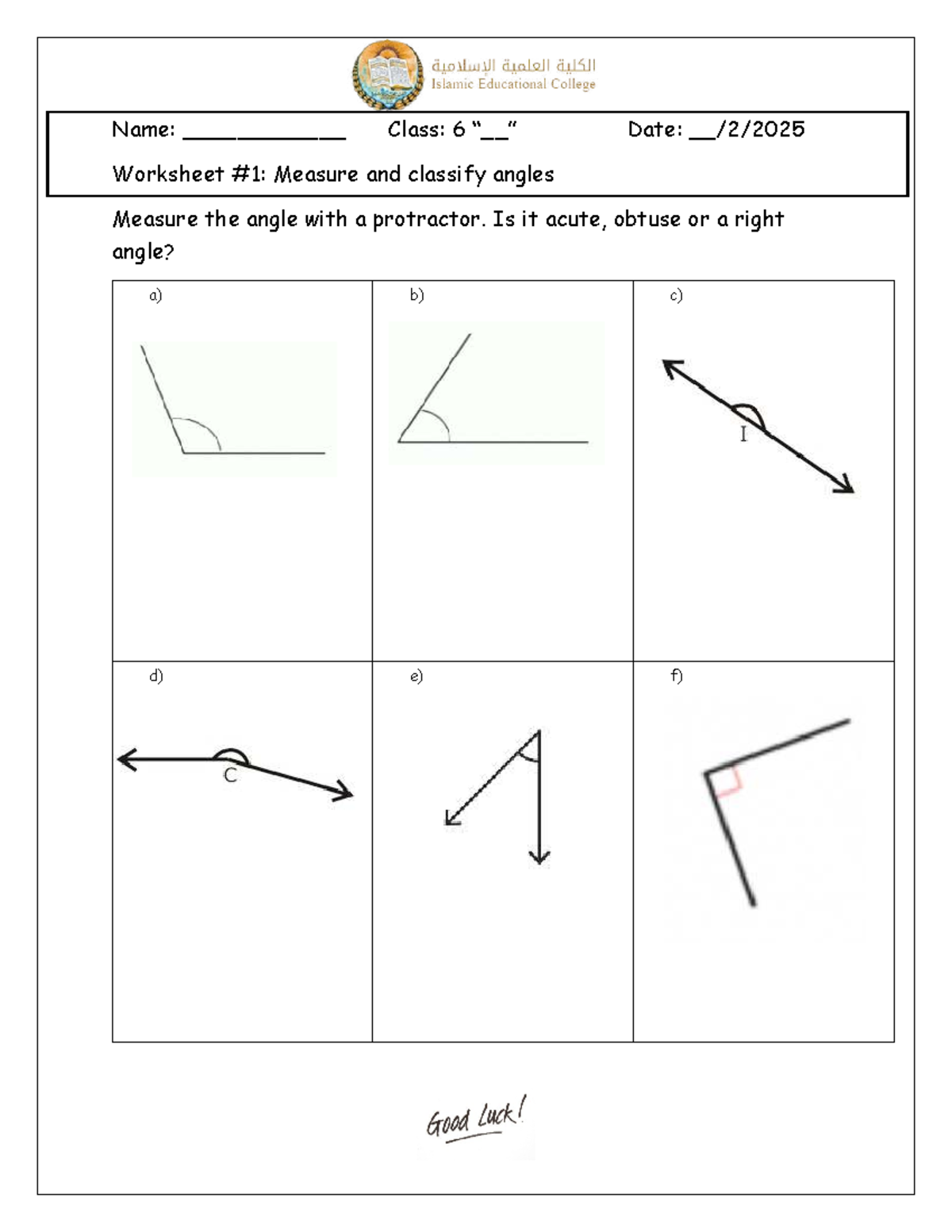 G6 WS#1 measure and classify angles - Five people you meet at heaven ...