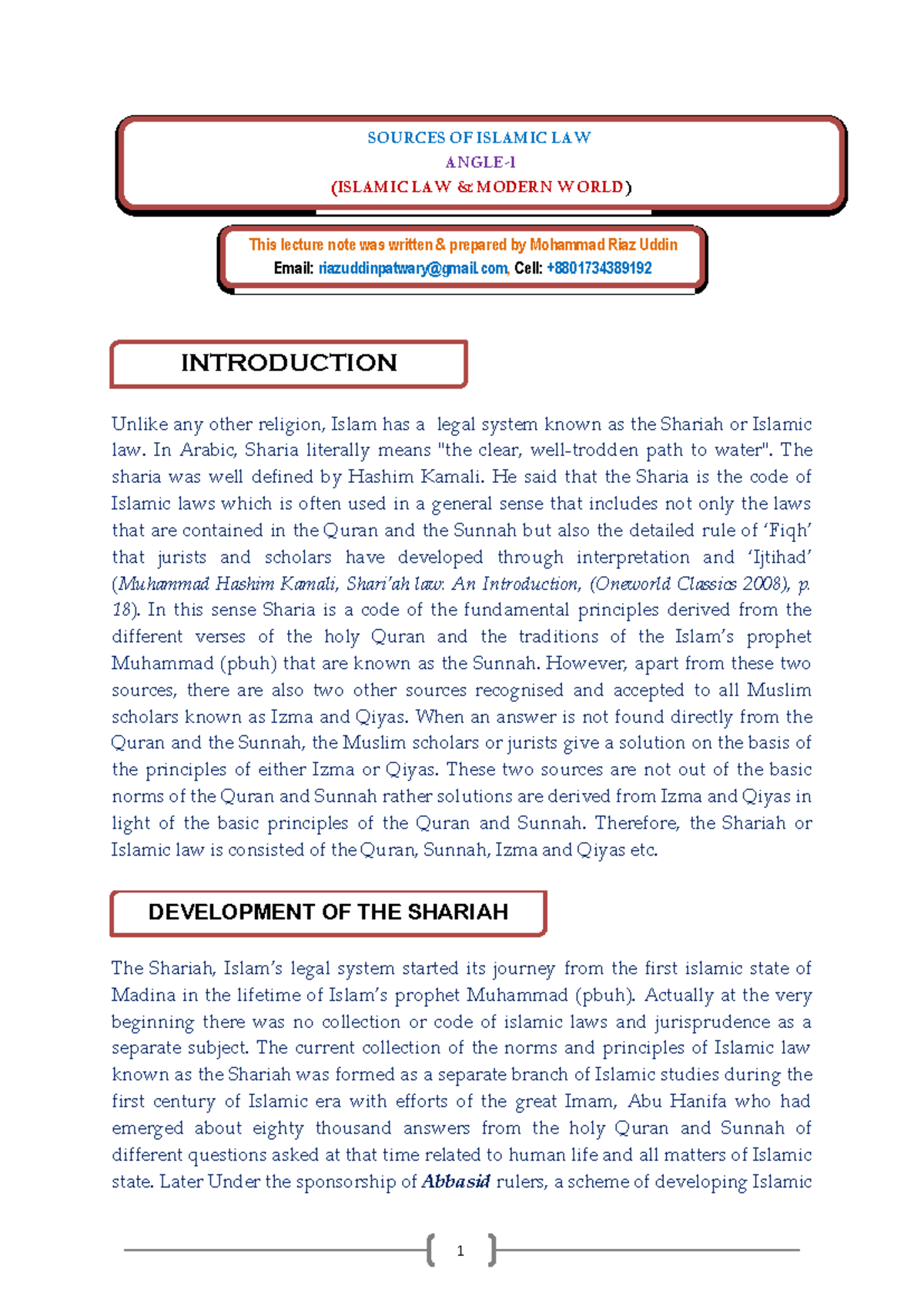 Sources of Islamic Law: Lecture Notes (ISLAMIC LAW MODERN WORLD) - Studocu