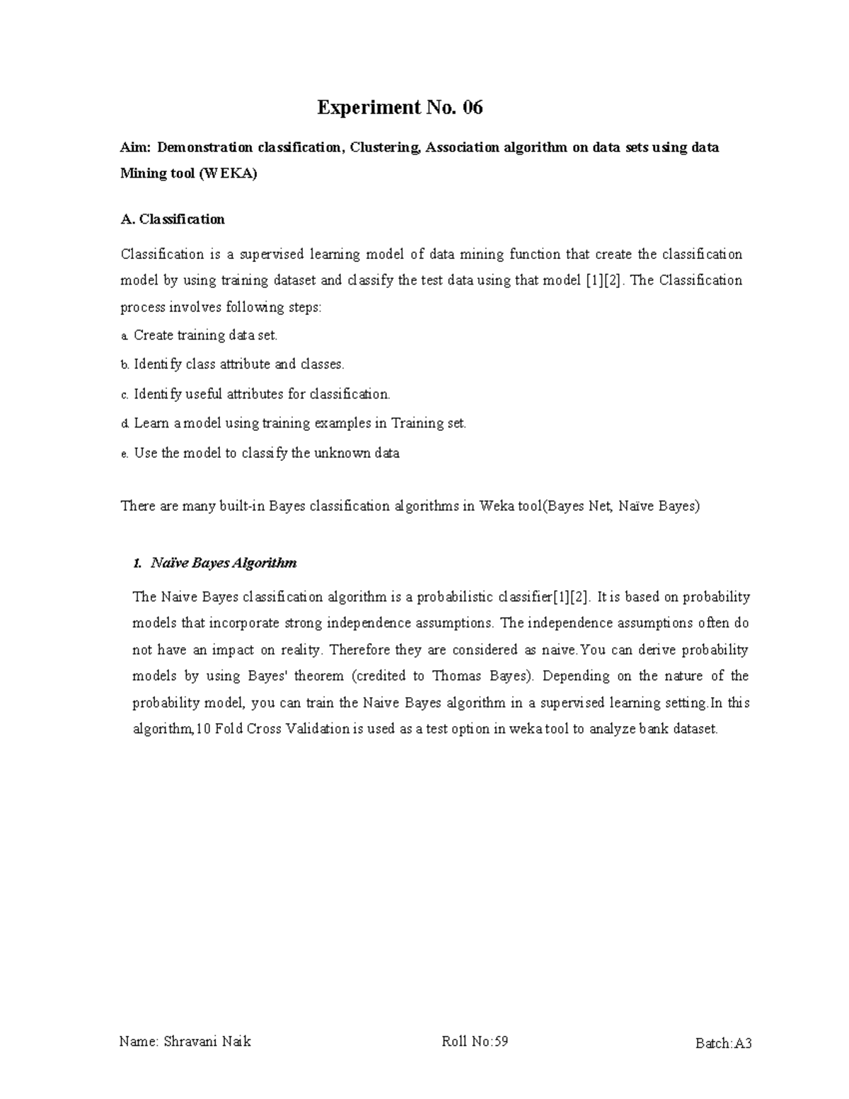 Experiment No. 06: Classification & Clustering with WEKA Tool - Studocu