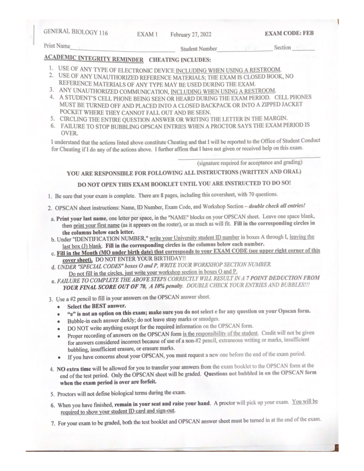 Bio 116 exam 1 2022 - old bio 116 exam 1 - GENERAL BIOLOGY 116 EXAM ...