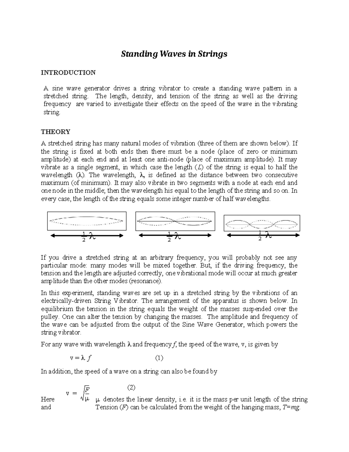 Waves in String - 1 2 1 2 1 2 Standing Waves in Strings INTRODUCTION A ...