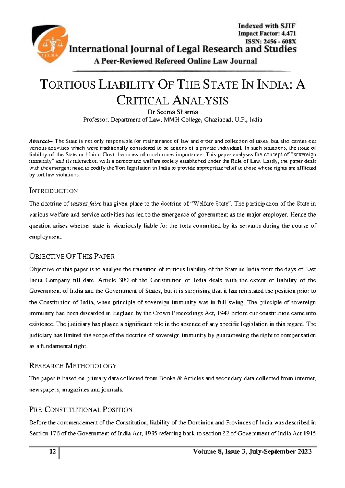 TORTIOUS LIABILITY OF THE STATE IN INDIA: A CRITICAL ANALYSIS (LAW 101 ...