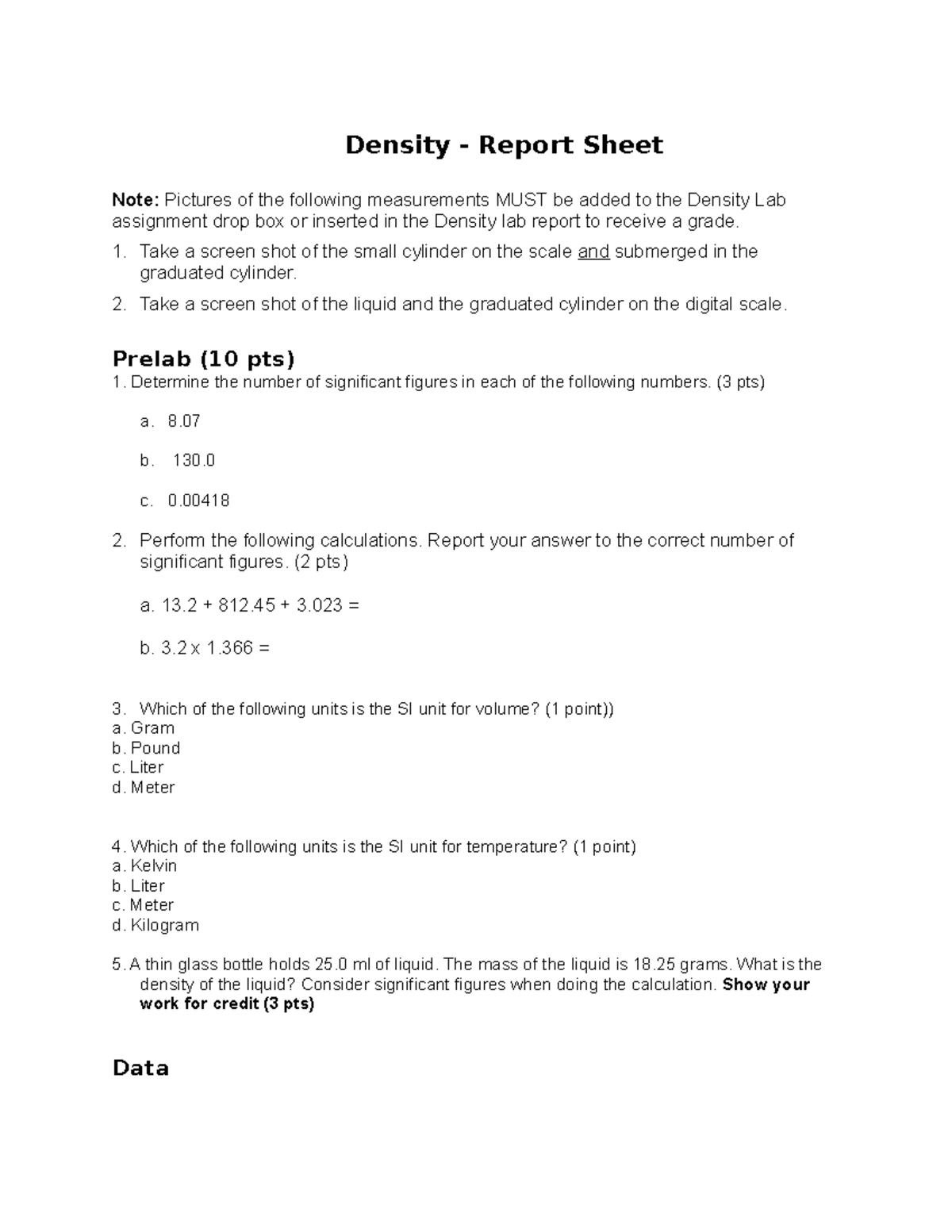 Density Laboratory Report(1)(1) - Density - Report Sheet Note: Pictures ...