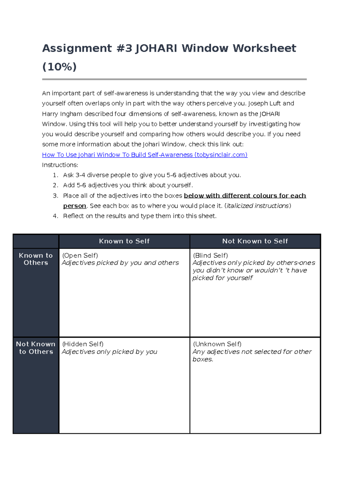Assignment 3: JOHARI Window Worksheet 2025 WO - Studocu
