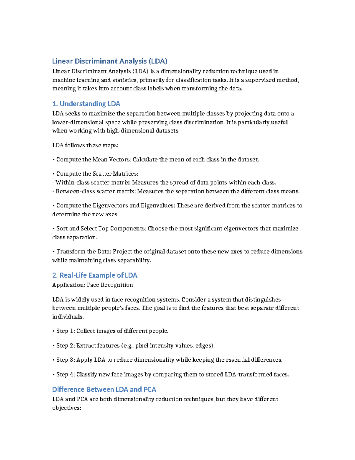 LDA vs PCA - This document consists of LDA and PCA - Linear Discriminant Analysis (LDA) Linear ...